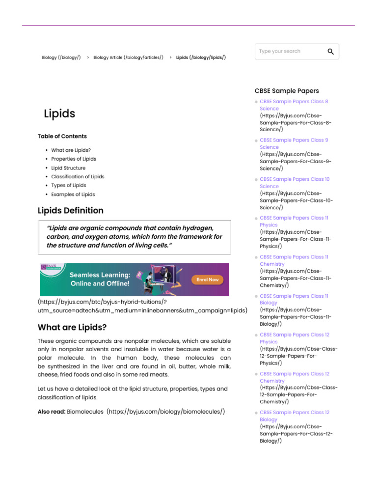 What Are Lipids? - Definition, Structure & Classification of Lipids | PDF | Lipid | Fatty Acid