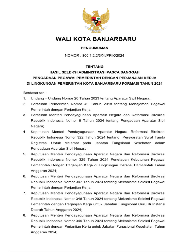 Pengumuman Seleksi Administrasi Pasca Sanggah PPPK 2024 | PDF