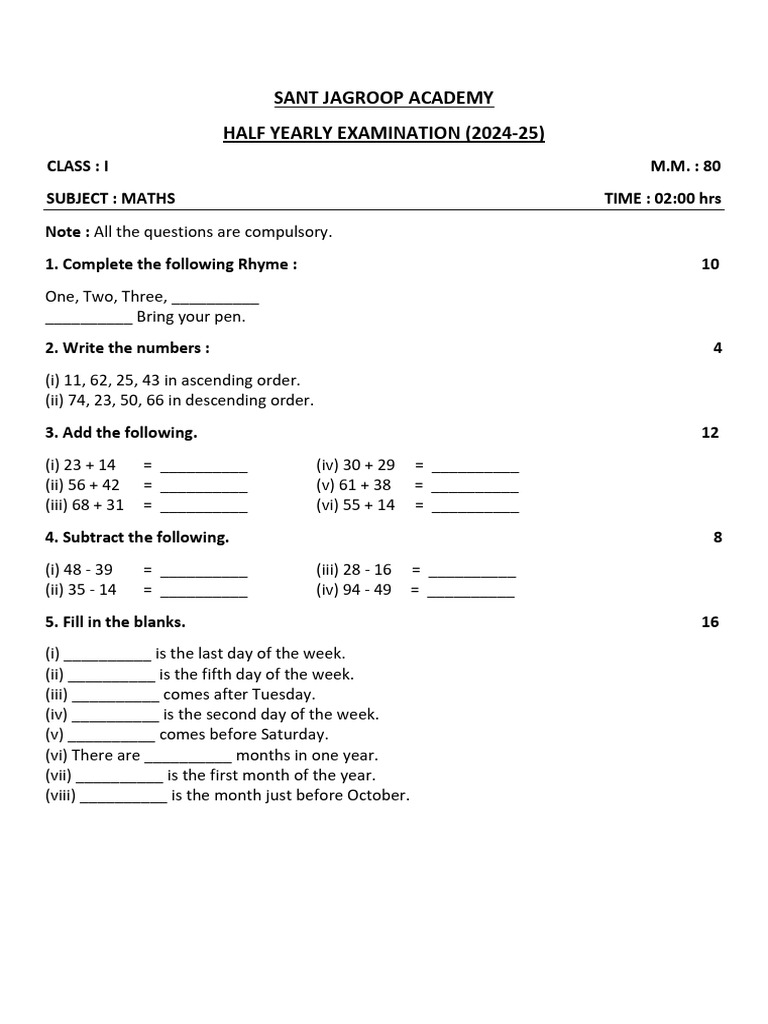 HYE Class-1 (Maths) | PDF