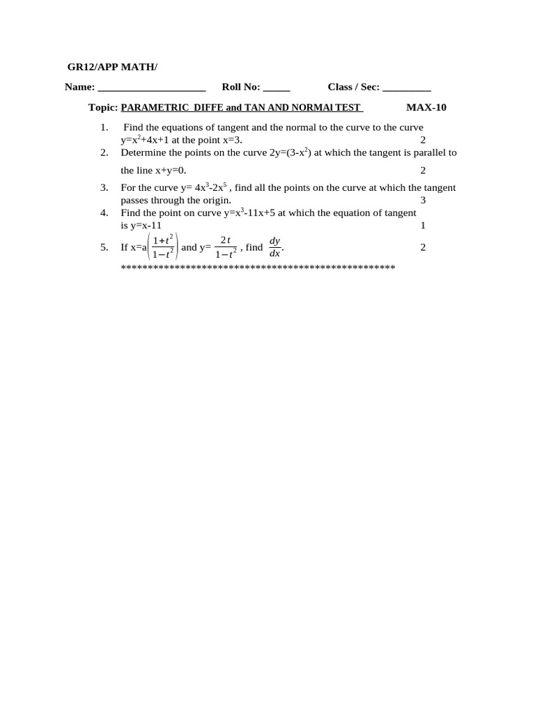 Parametric DIFF and Normal and Tangent TEST | PDF