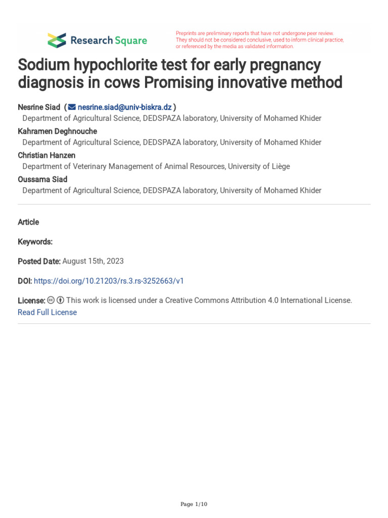 Sodium Hypochlorite Test For Early Pregnancy Diagnosis in Cows ...