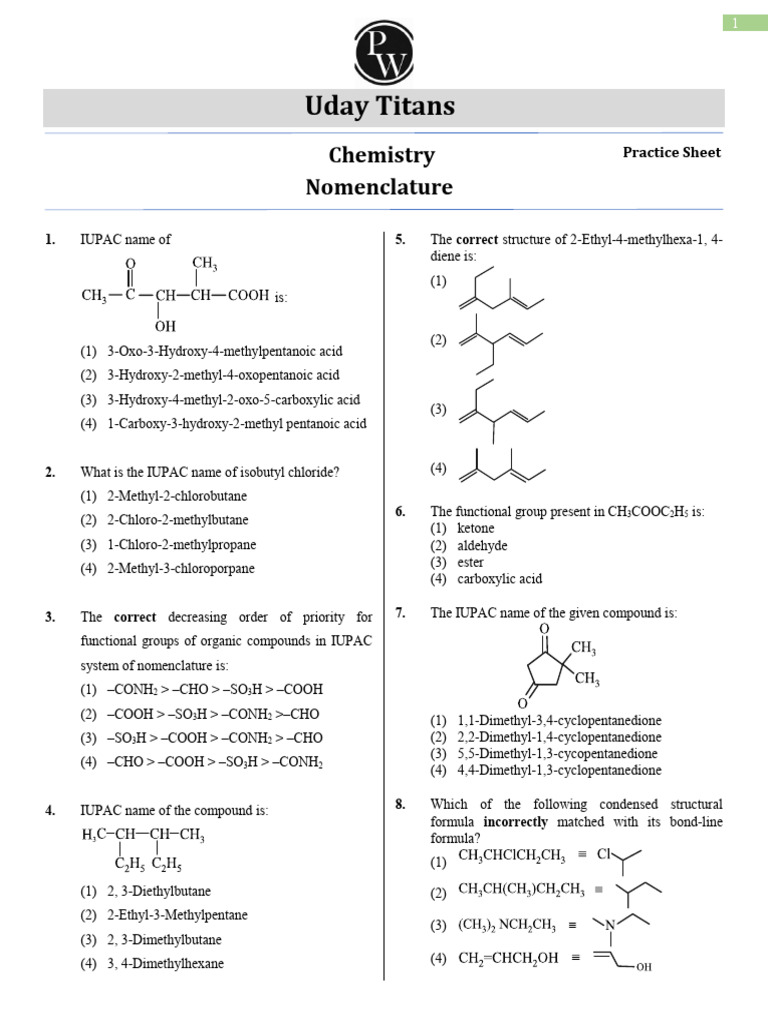 Nomenclature - Practice Sheet - Uday Titans | PDF | Carboxylic Acid ...