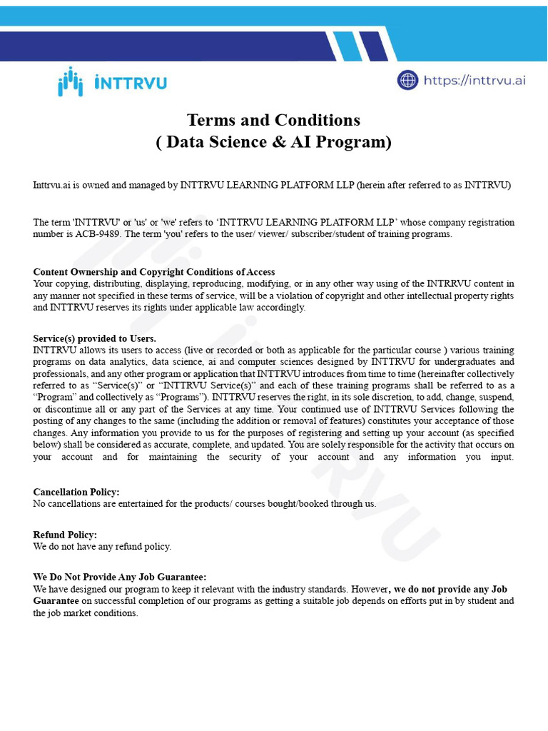 Inttrvu Terms and Conditions (Data Science) | PDF | Copyright | Data