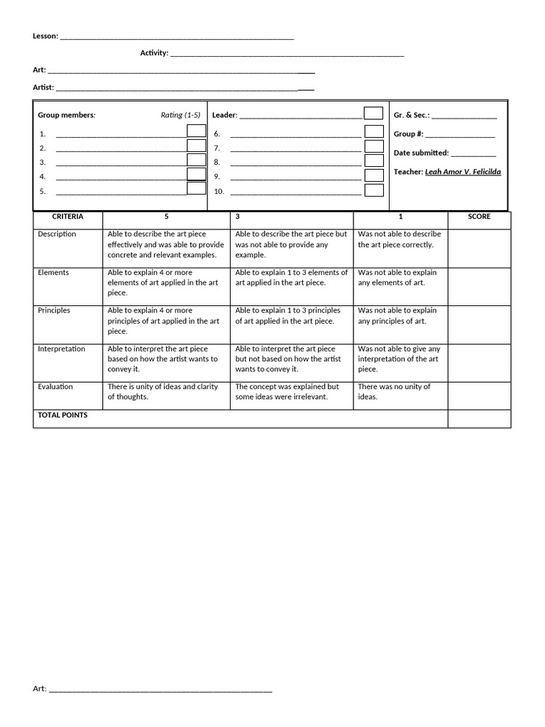 Art Evaluation and Analysis Template | PDF