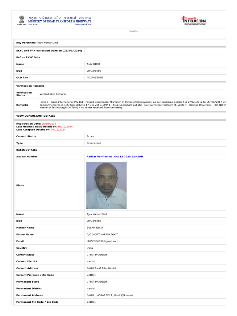 Infracon CV - Ajay Kumar Dixit TL | PDF | Transport Infrastructure | Road Transport