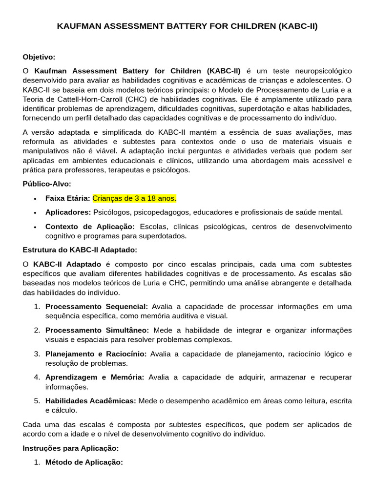 Kaufman Assessment Battery For Children (Kabc-Ii) | PDF | Superdotados ...