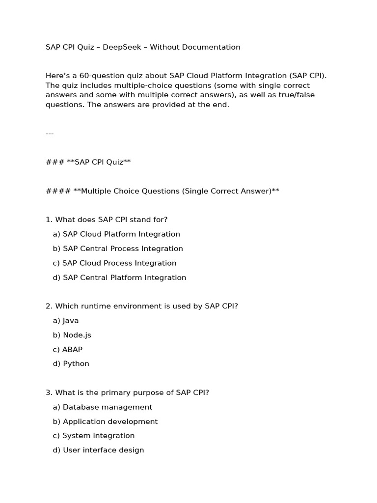 SAP CPI Quiz: 60 Questions & Answers | PDF | Databases | Cloud Computing