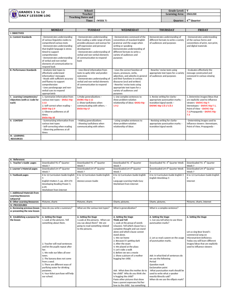 Grade 5 DLL Week 7 Overview | PDF | English Language | Communication