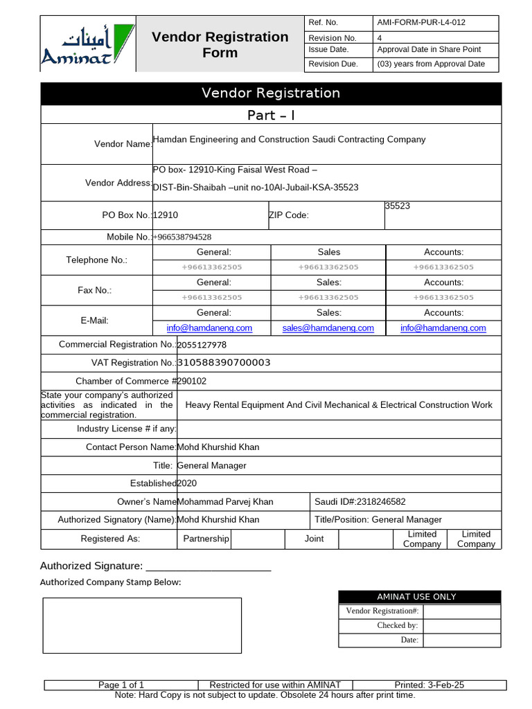 AMI FORM PUR L4 012 Vendor Registration Form | PDF