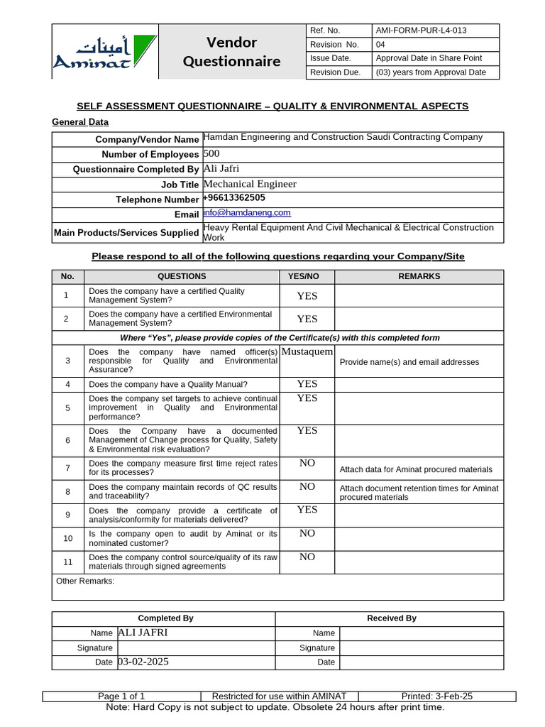 AMI FORM PUR L4 013 Vendor Questionnaire Form | PDF | Questionnaire ...