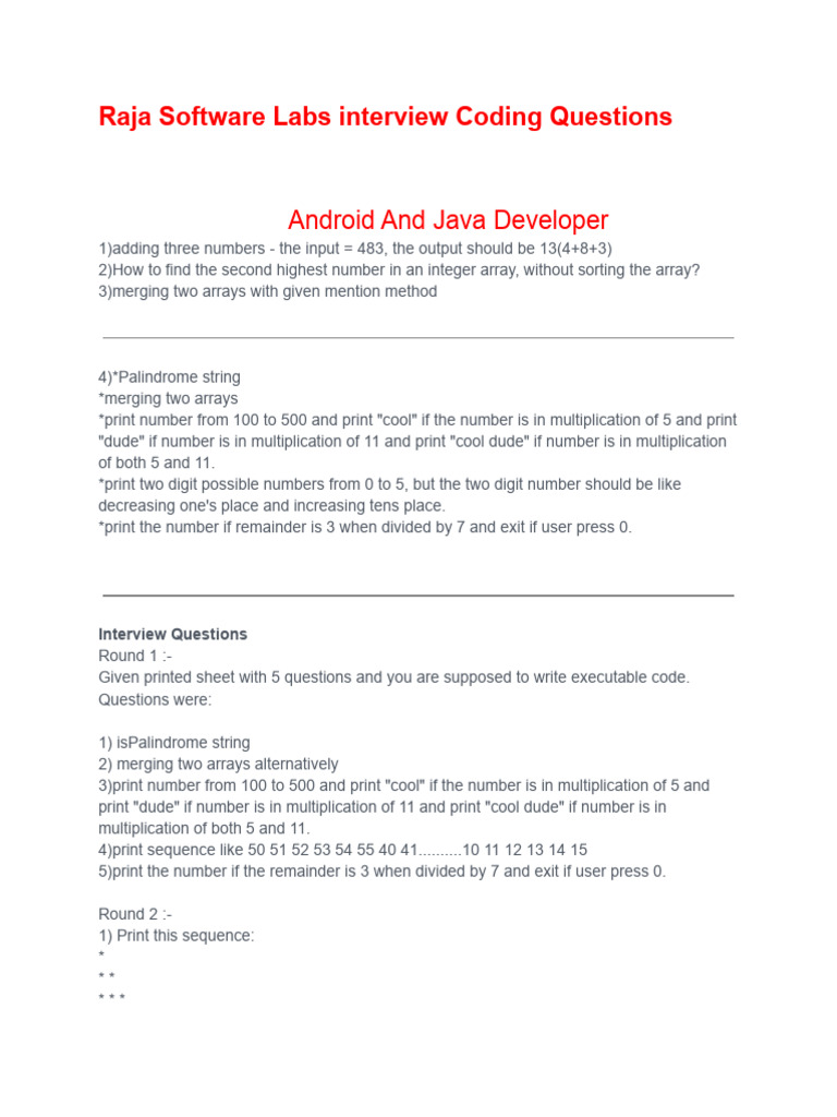 Raja Software Labs Interview Coding Questions | PDF | String (Computer Science) | Sequence