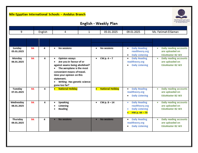 Weekly English Plan for Grade 9 | PDF