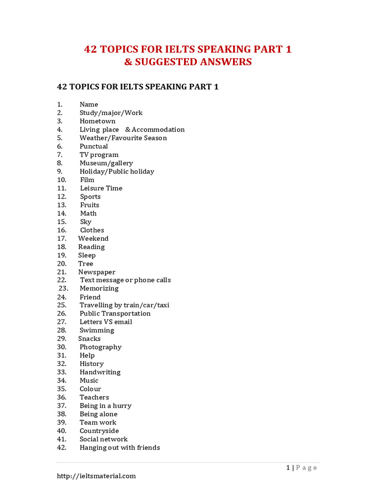 42 Topics For Ielts Speaking Part 1 Suggested Answers 2016 | PDF ...