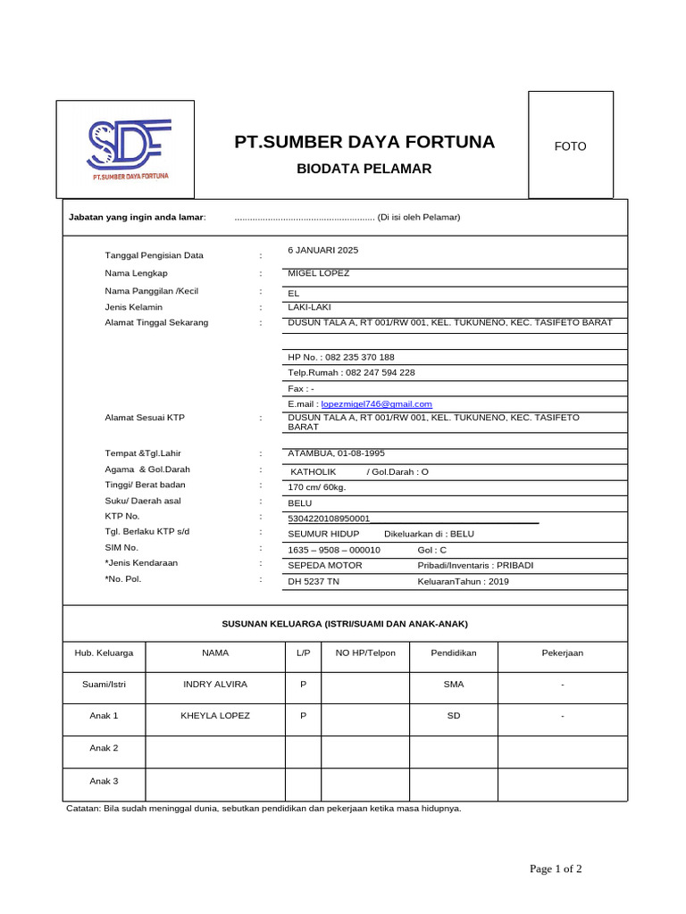 Form Biodata Pt. SDF | PDF