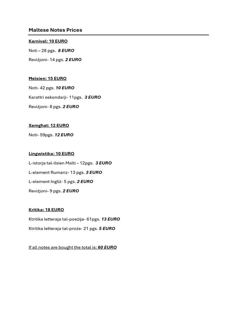 Maltese Notes Prices | PDF