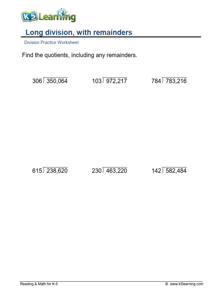 Long Division Remainder 6x3 Digit D | PDF