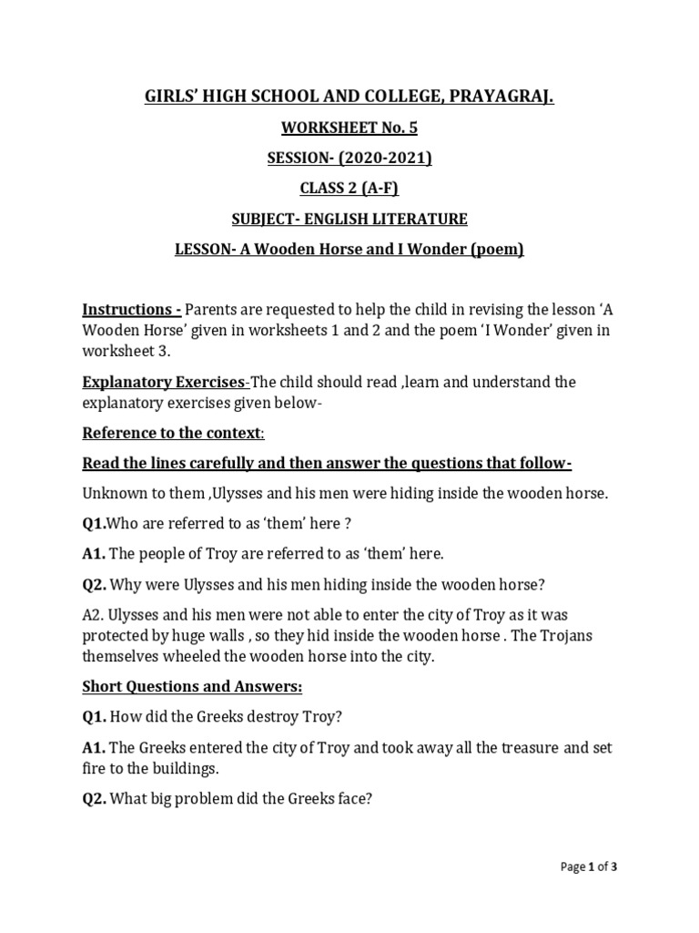 Class 2 English Literature Worksheet No.5 | PDF | Odysseus