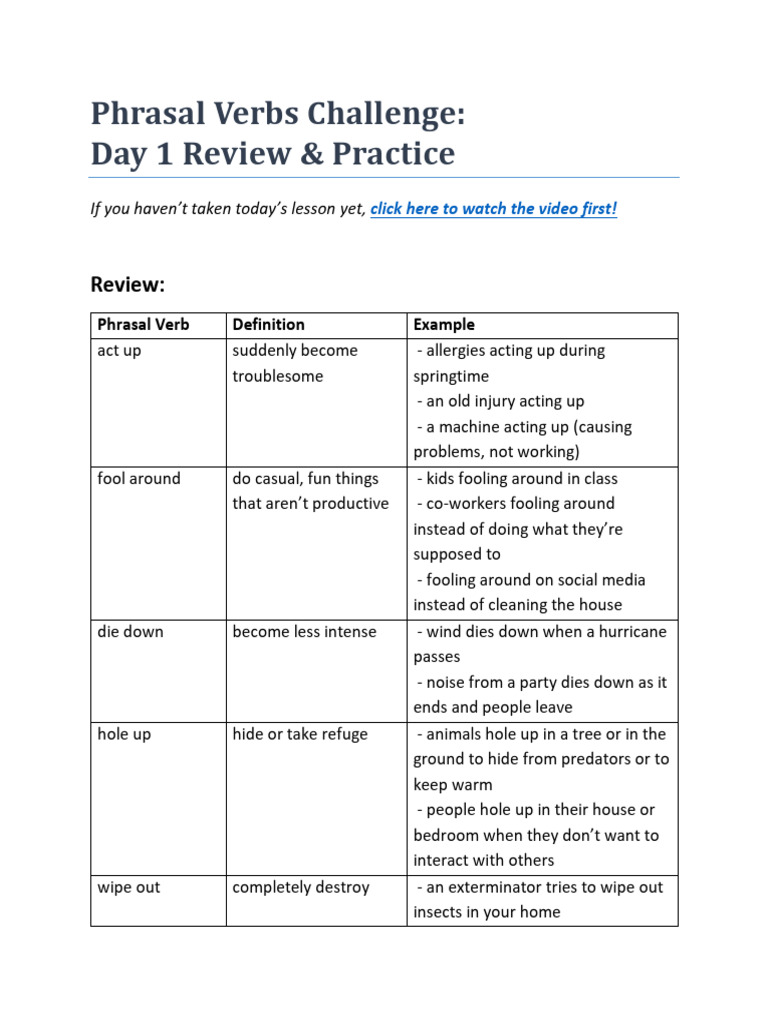 Phrasal Verbs Challenge - Day 1 Review Practice | PDF