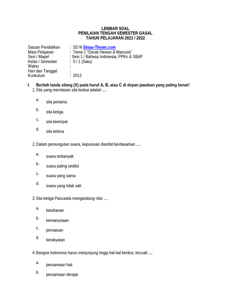Soal & Jawaban PTS Kelas 5 Tema 1 Semester 1 Tahun 2021 Sinau-Thewe.com | PDF