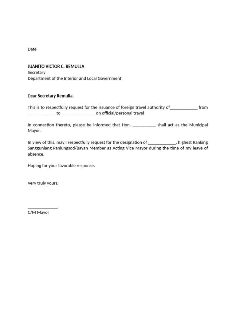 LGU Travel Authority Request Template | PDF