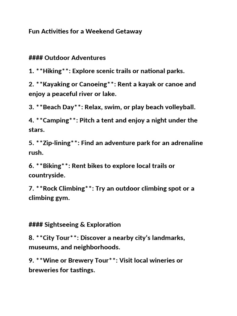 Fun Activities For A Weekend Getaway | PDF