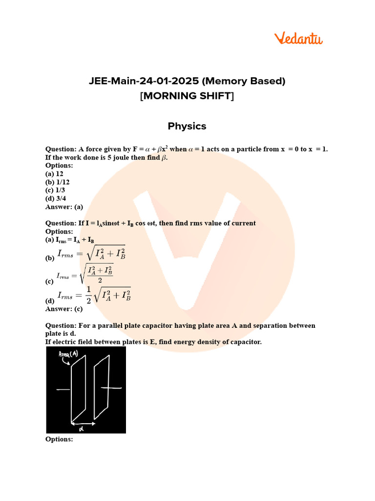 JEE Mains 2025 Jan 24 Shift 1 Question Paper Live Updates for Physics ...