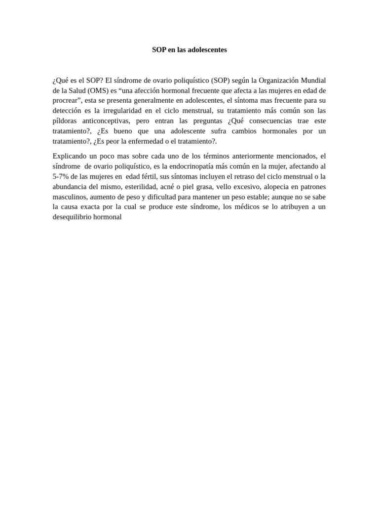 SOP en Adolescentes: Síntomas y Tratamiento | PDF