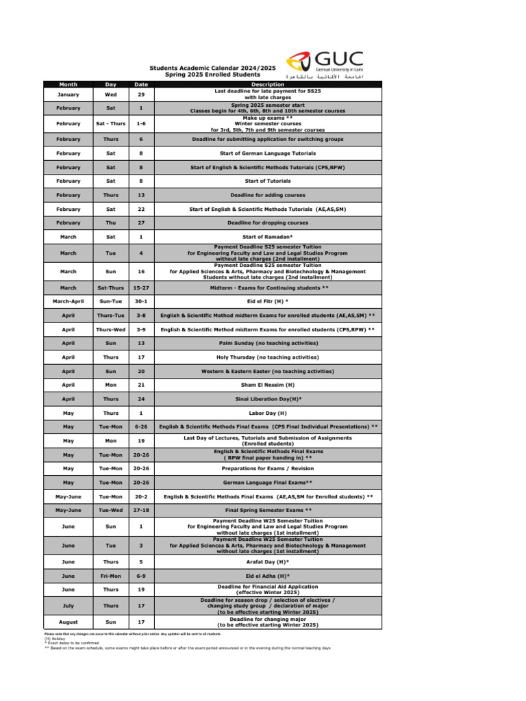 GUC - Spring 2025 Calendar - Enrolled Students - V1.3 - Final | PDF ...