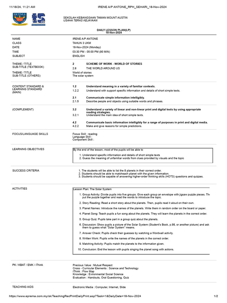 Lesson Plan Observation 14 November 2024 | PDF | Lesson Plan | Information