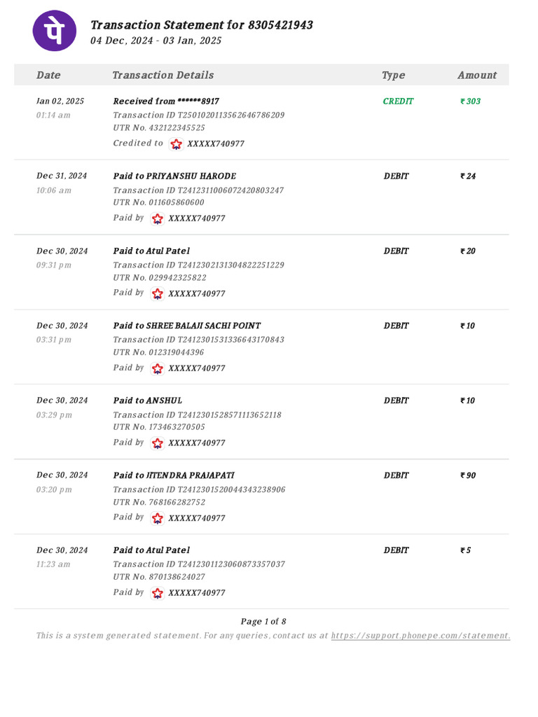 PhonePe Statement Dec2024 Jan2025 | PDF | Debit Card | Debits And Credits