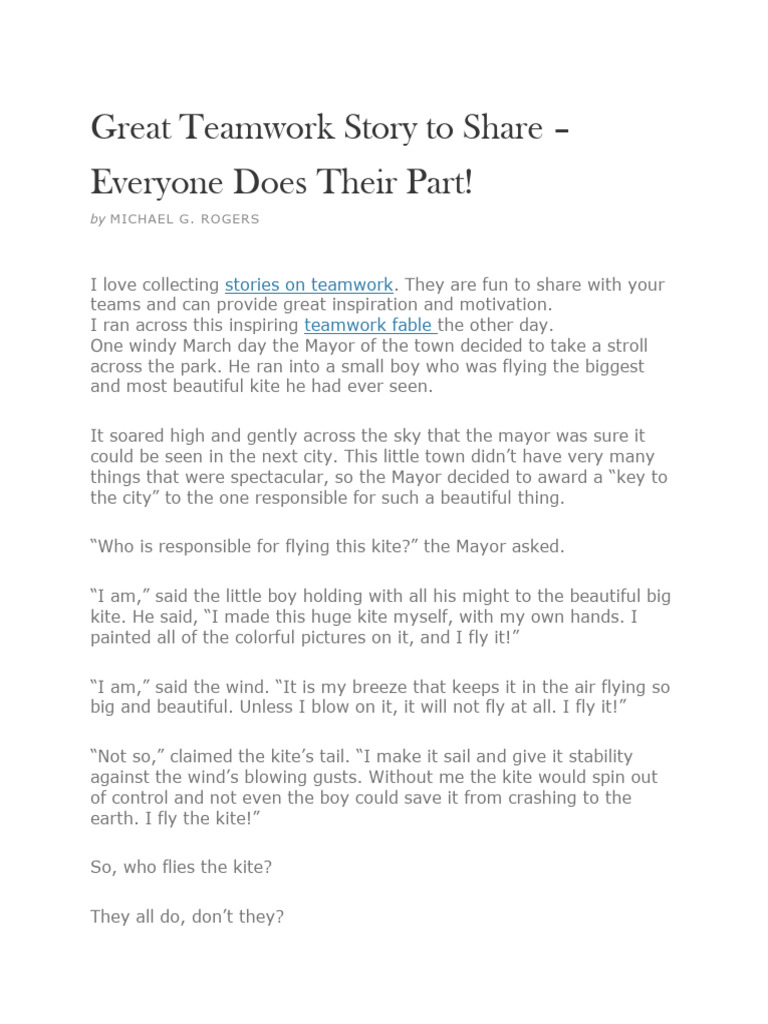 Great Teamwork Story To Share Everyone Does Their Part!: Stories On ...