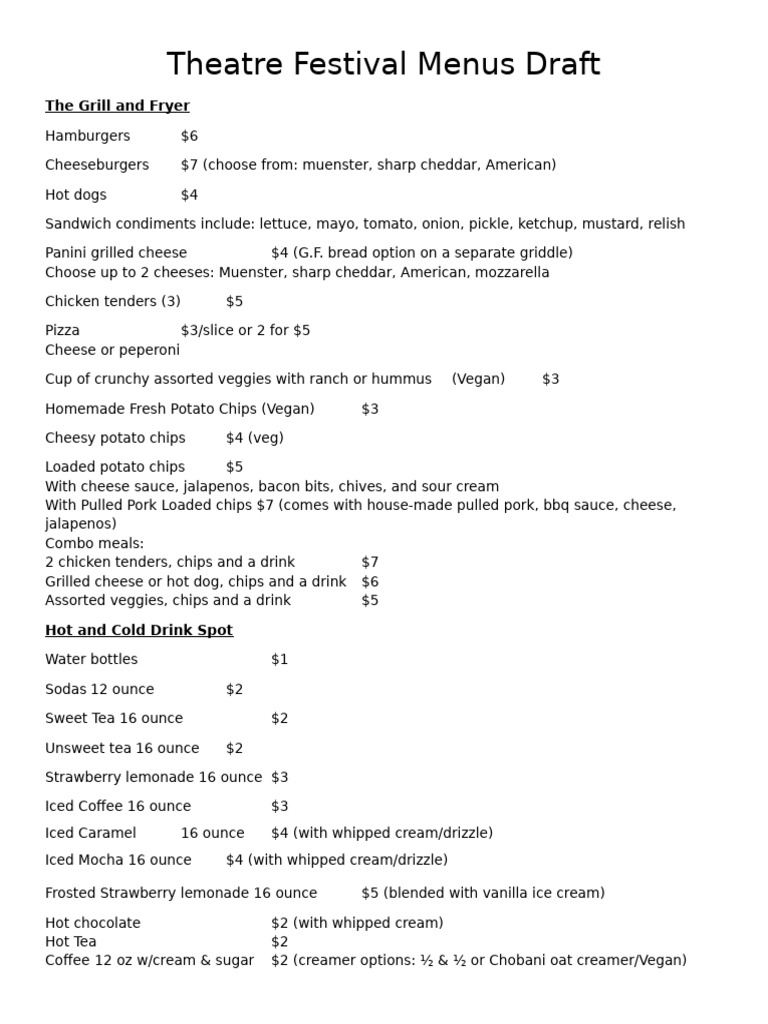 Theatre Festival Menus | PDF | French Fries | Cream