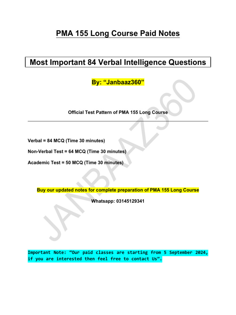 PMA 155 Long Course Verbal Intelligence Paid Notes by Janbaaz360 | PDF
