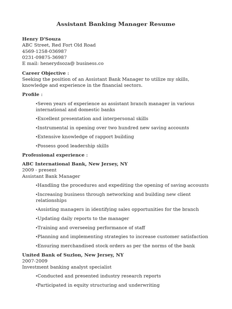Assistant Bank Manager Resume | PDF