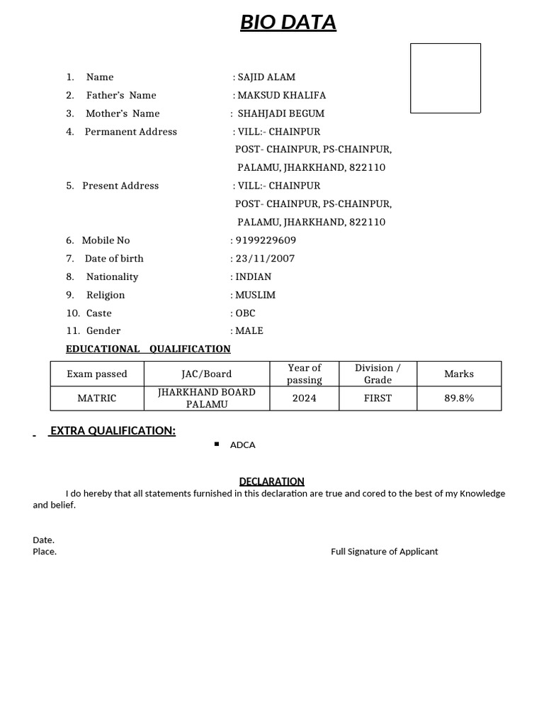 Sajid Alam's Bio Data Overview | PDF