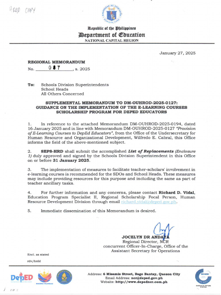 RM 87 S. 2025 Supplemental Memo On E Learning Courses Scholarship ...