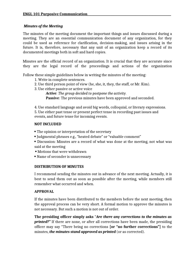 Guidelines for Writing Meeting Minutes | PDF | Grammatical Tense ...