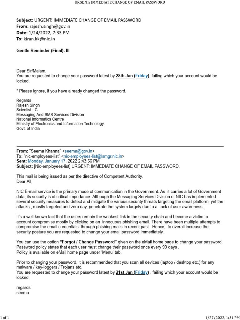 NIC Password Change With Reminders | PDF | Security | Computer Security