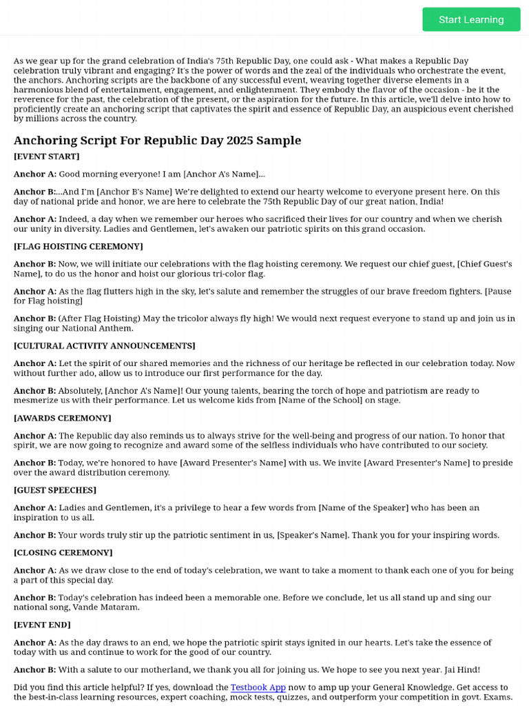 Republic Day Anchoring Script 2025 - Unleash The Power of Words | PDF