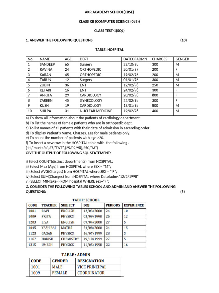 SQL TEST-1 | PDF | Medicine | Medical Specialties