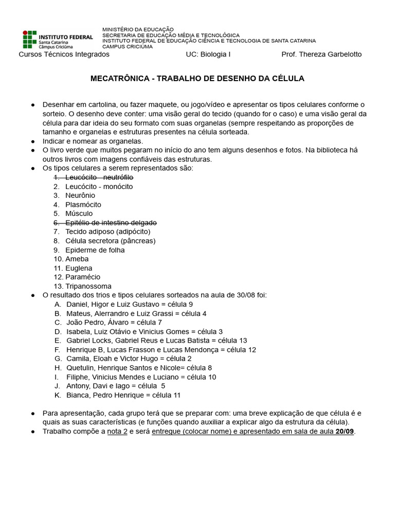 AtividadeDesenhoCelula - MECA | PDF