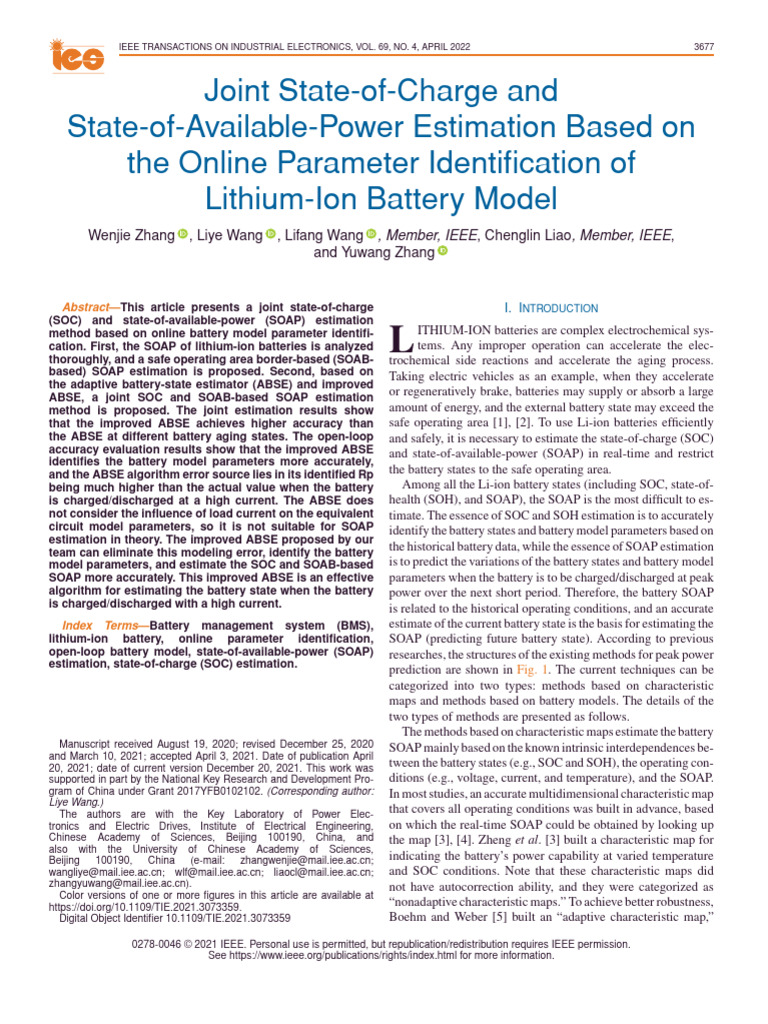 Joint State Of Charge And State Of Available Power Estimation Based On The Online Parameter