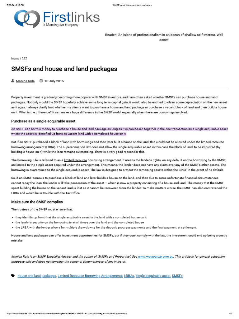 SMSFs and House and Land Packages | PDF | Loans | Economies
