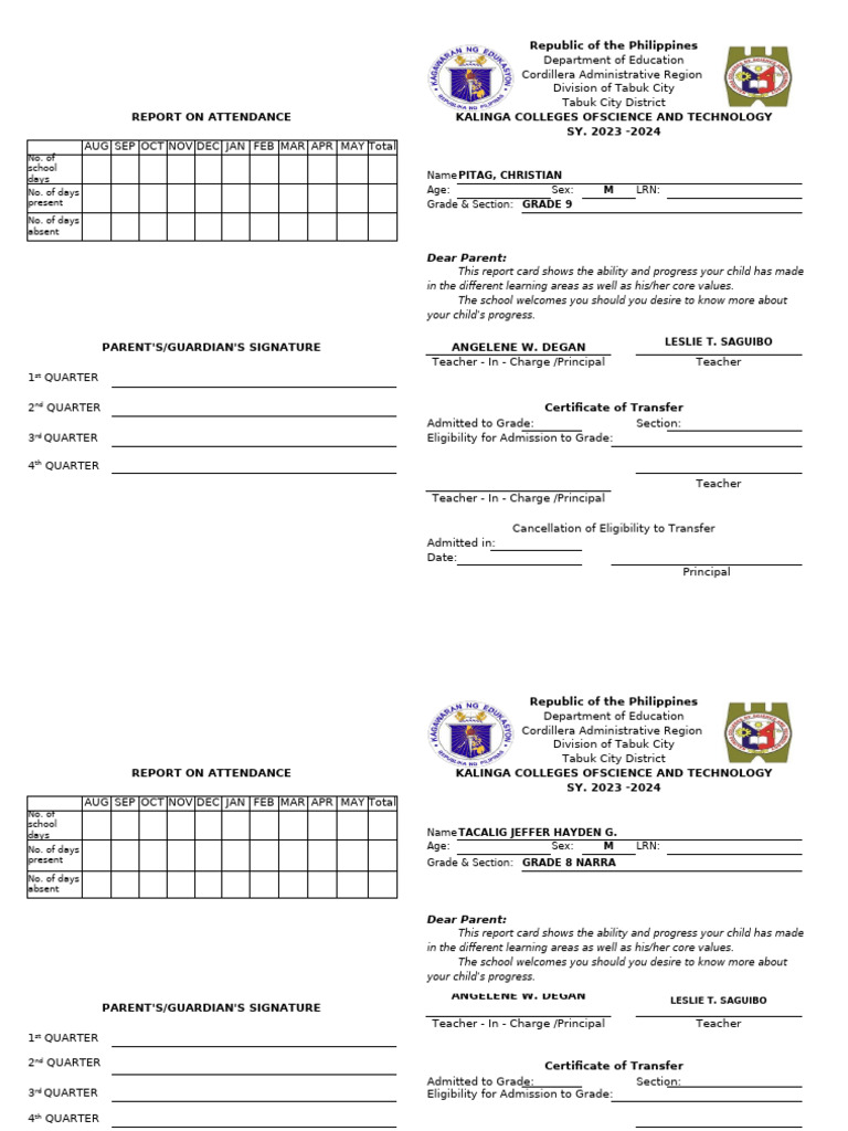 KCST - Report Card 1 Final | PDF | Learning | Behavior Modification