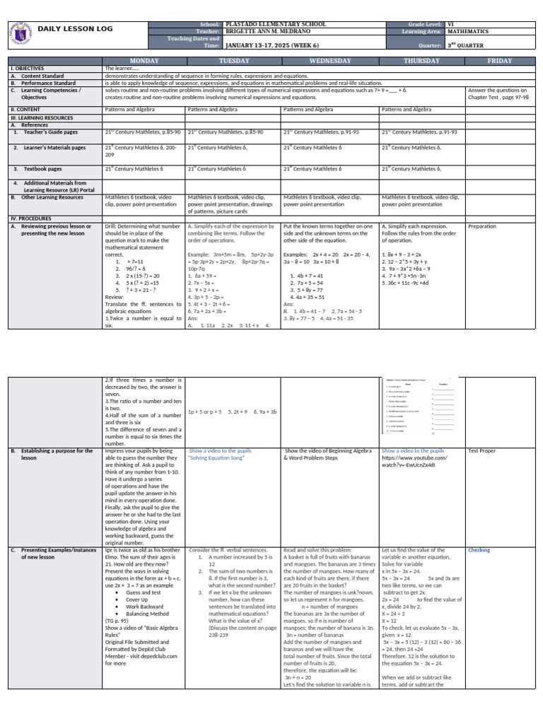 DLL_MATHEMATICS 6_Q3_W6 | PDF | Equations | Multiplication