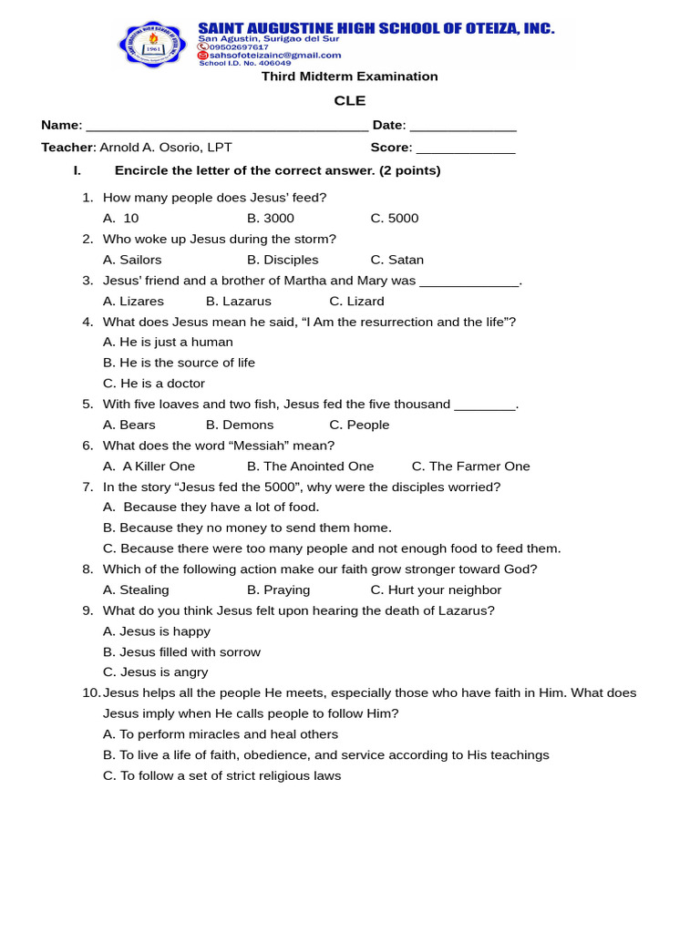 Third Midterm Exam Questions and Answers | PDF | Jesus | Reflection ...