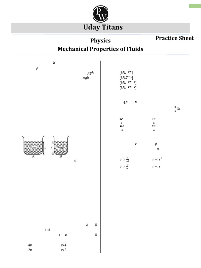 Mechanical Properties of Fluids _ Practice Sheet __ Uday Titans | PDF | Pressure | Fluid Dynamics