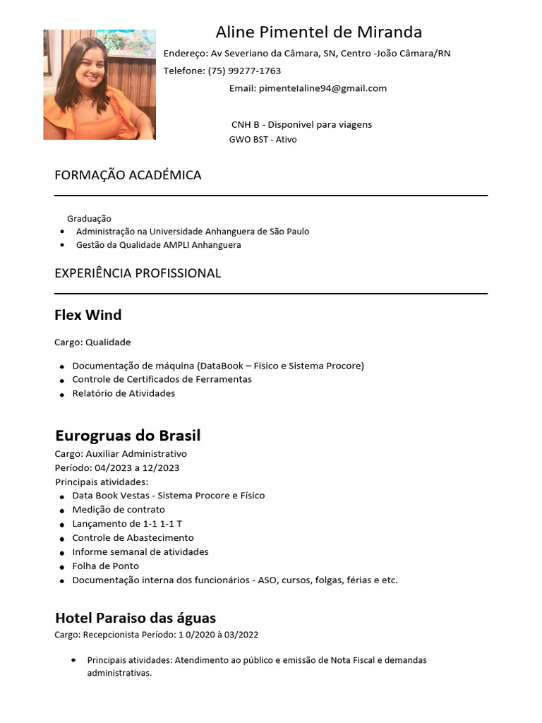 Currículo de Aline Pimentel Miranda | PDF