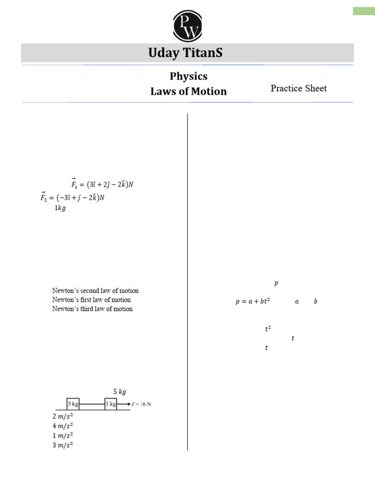 Laws of Motion - Practice Sheet - Uday Titans | PDF | Force | Momentum