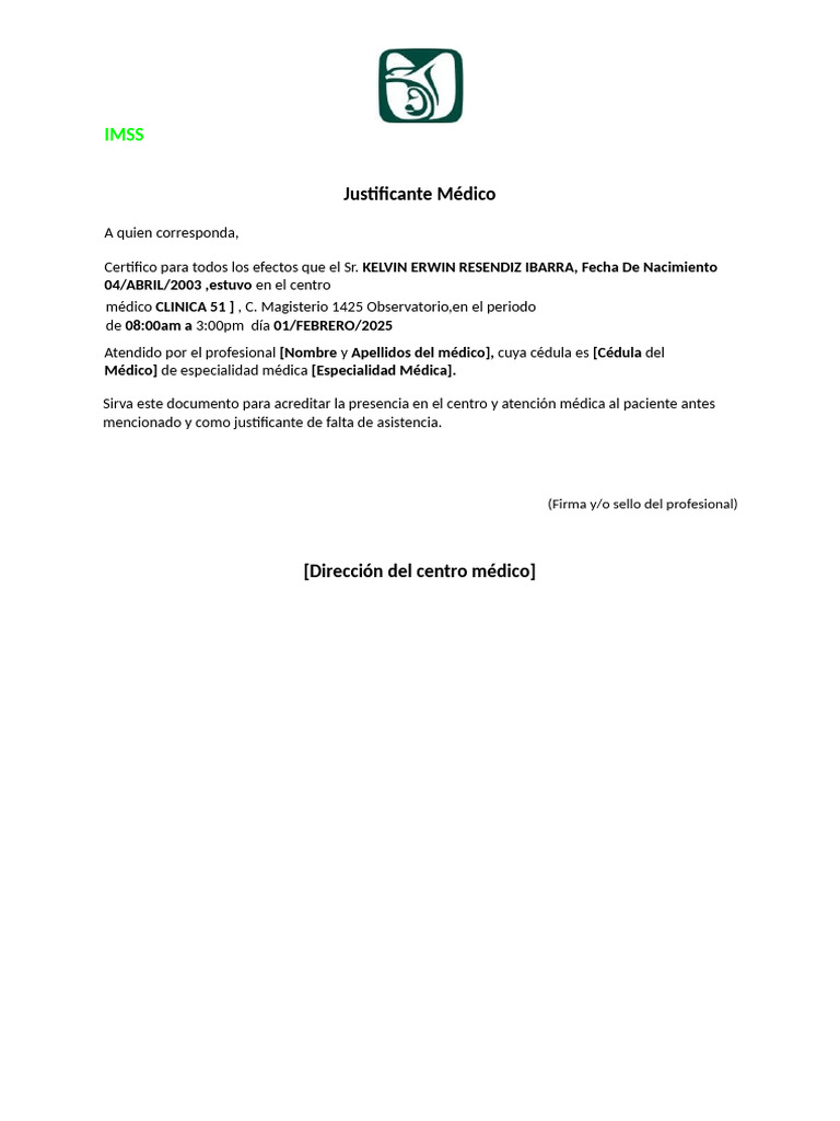Justificante Médico IMSS | PDF
